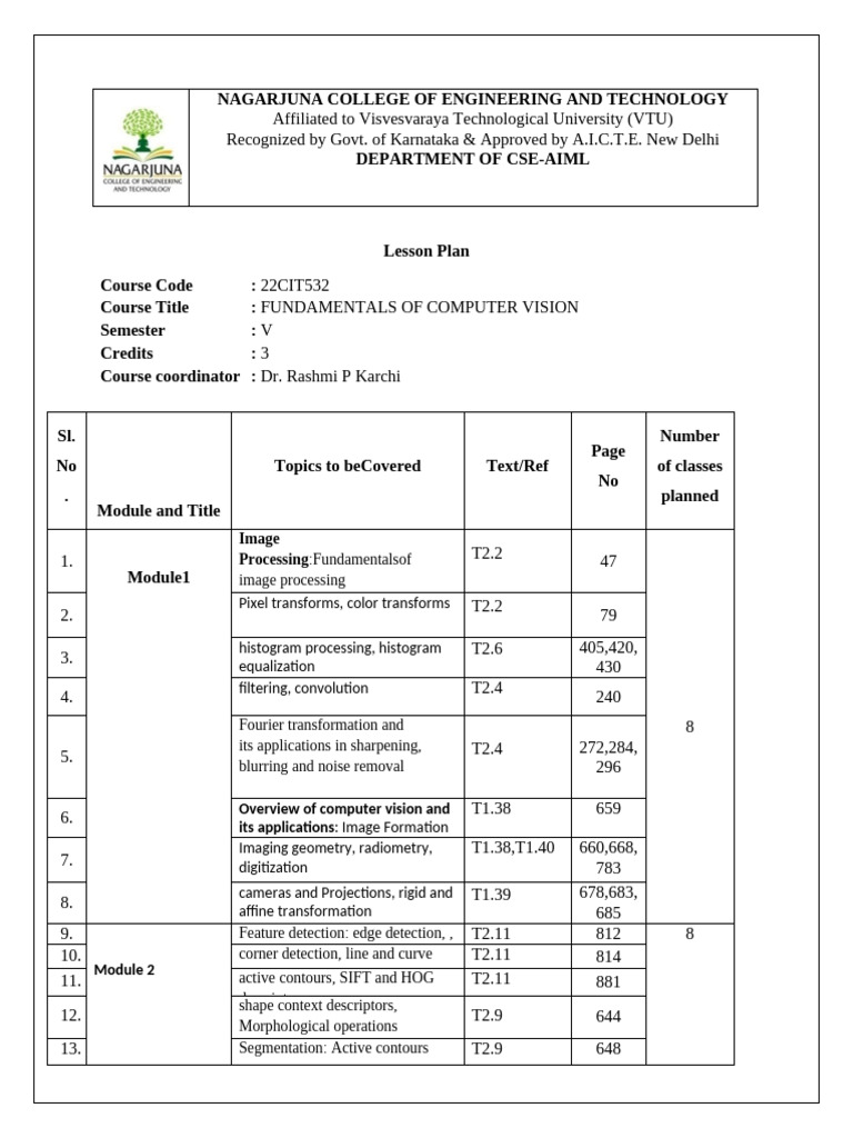 lesson plan_FCV_2024 (1) | PDF | Image Segmentation | Multidimensional ...