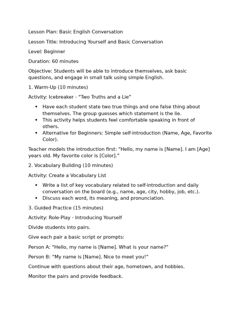 Introducing Yourself: Beginner Lesson Plan | PDF | Career & Growth ...