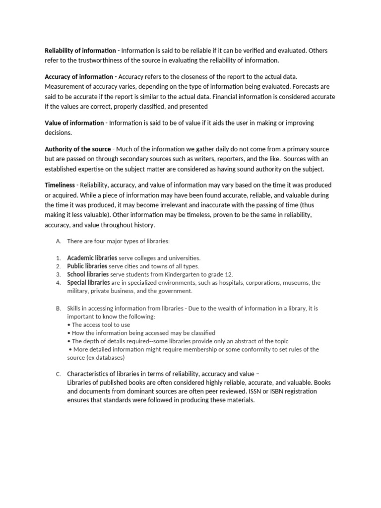Information Reliability and Library Types | PDF | Libraries | Accuracy ...
