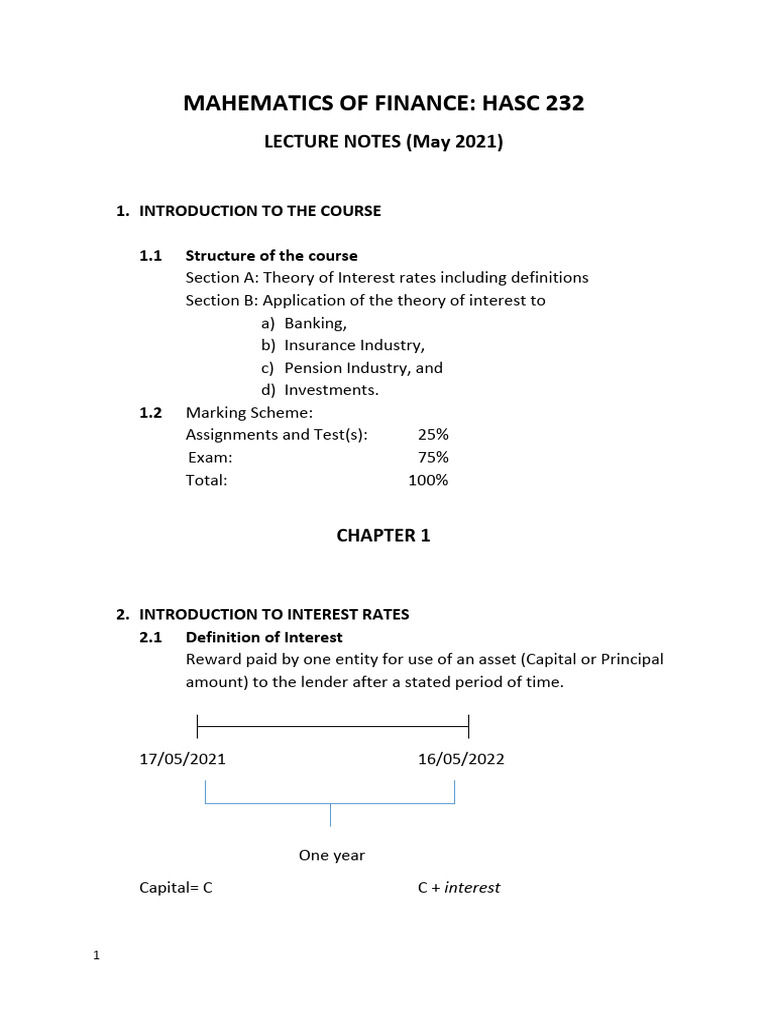 MATHEMATICS OF FINANCE NOTES May 2021 | PDF | Interest | Interest Rates