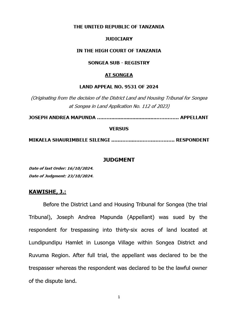 Joseph Andrea Mapunda Vs Mikaela Shaurimbele Silengi 2024 TZHC 8872 (23 ...