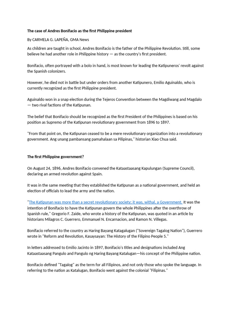 The Case of Andres Bonifacio As The First Philippine President | PDF ...