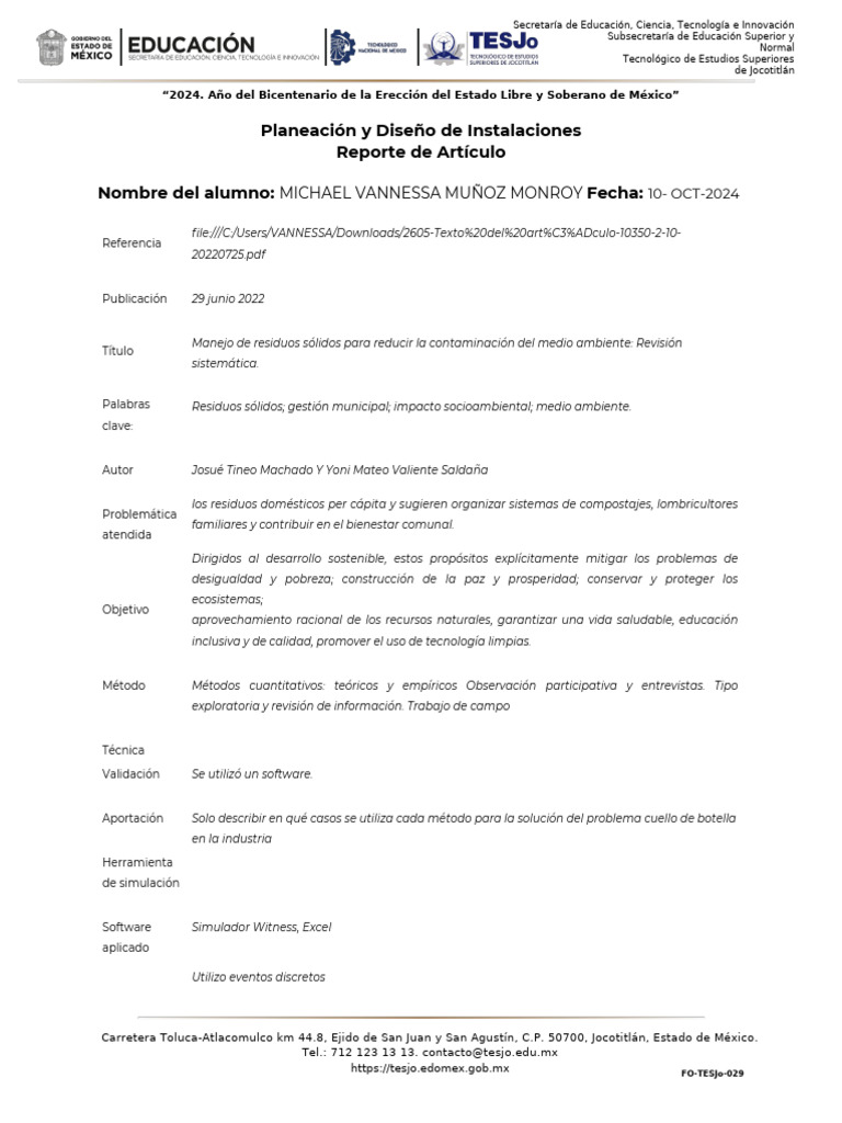 Reporte de Artículo UNDAD 2 MVMM | PDF | Residuos | Entorno natural