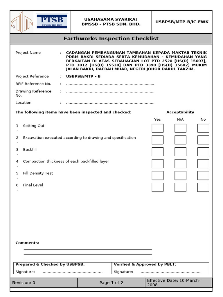 02 - PQP S5 - Earthworks Inspection Checklist | PDF