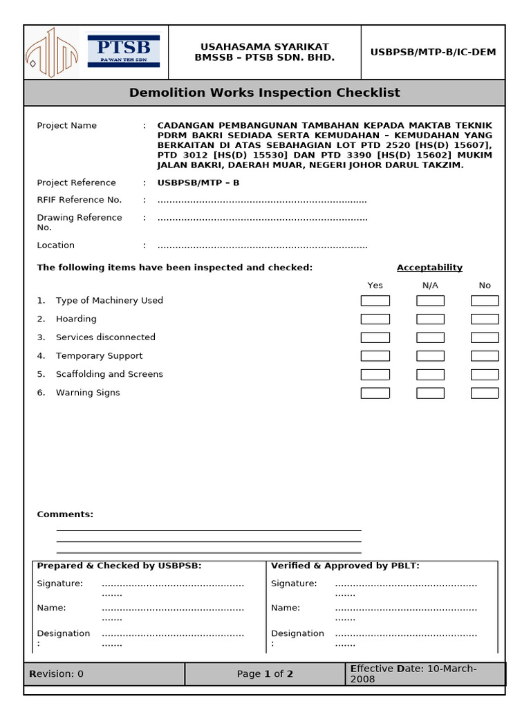 02 - PQP S5 - Demolition Works Inspection Checklist | PDF