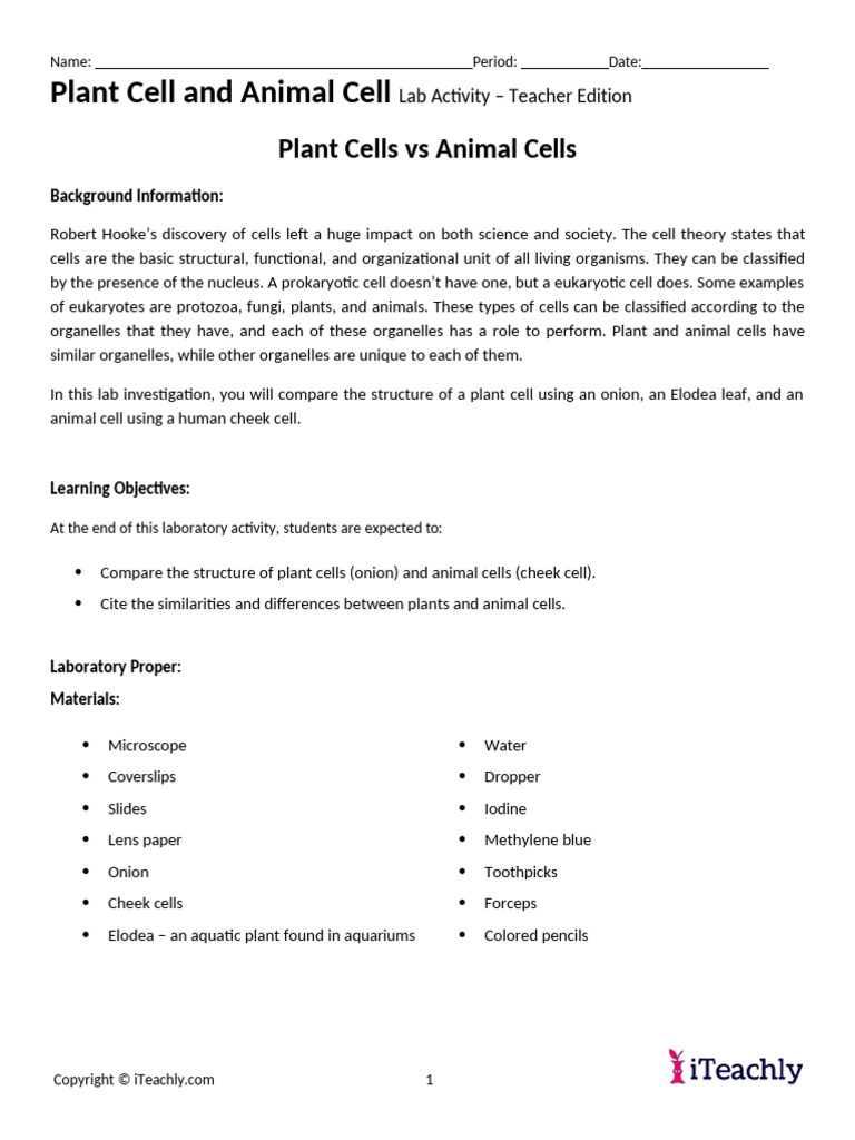 Lab Mnual-Activity-SE-Plant-Cell-and-Animal-Cell | PDF | Cell (Biology ...
