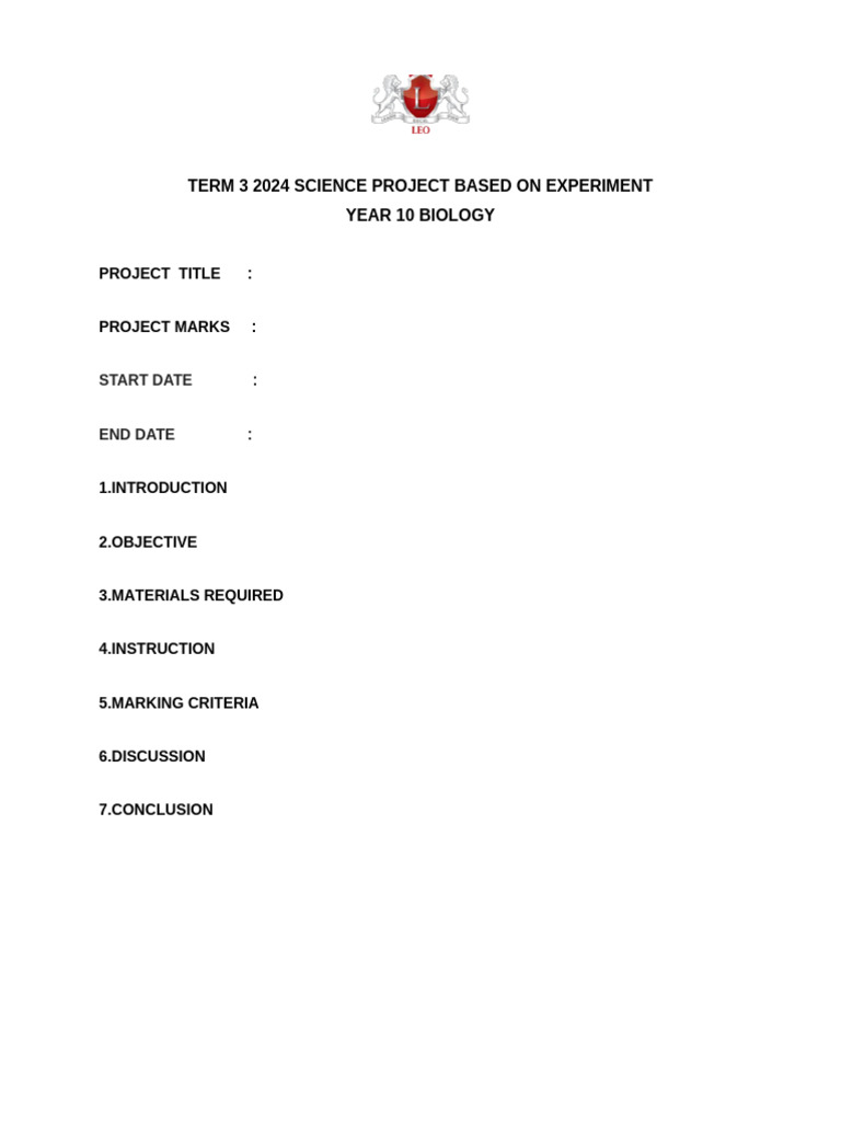 Term 3 2024 Science Project Based On Experiment Yr 10 Biology | PDF