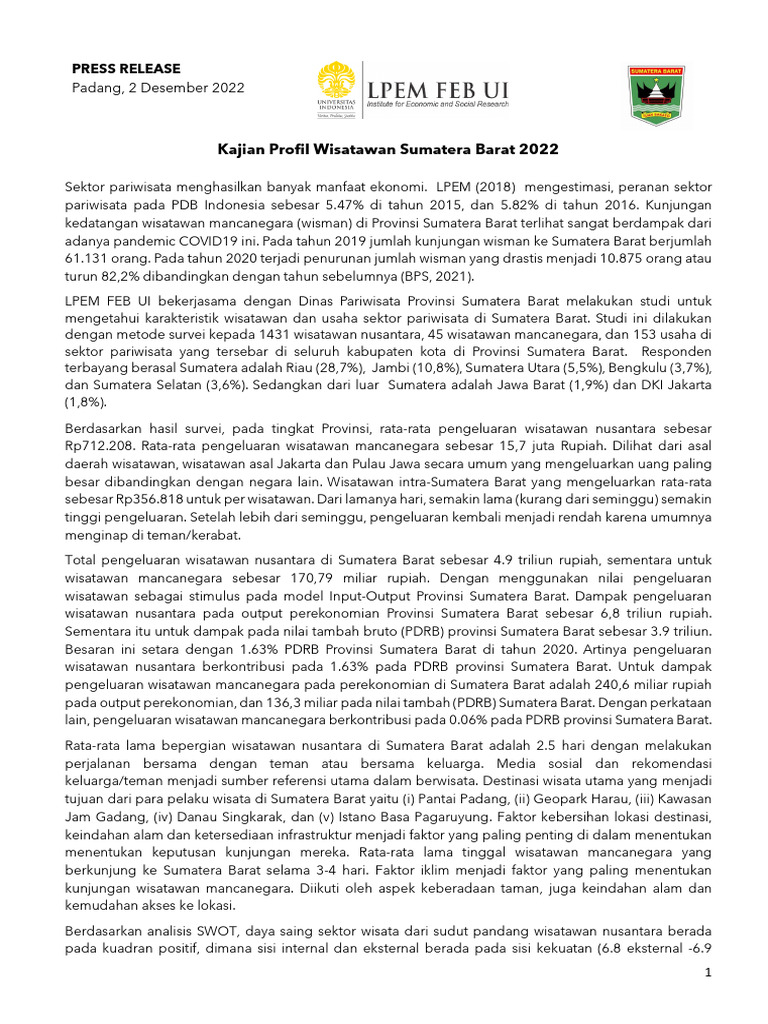Pres Rilis Kajian Profil Wisatawan Sumatera Barat | PDF | Bisnis