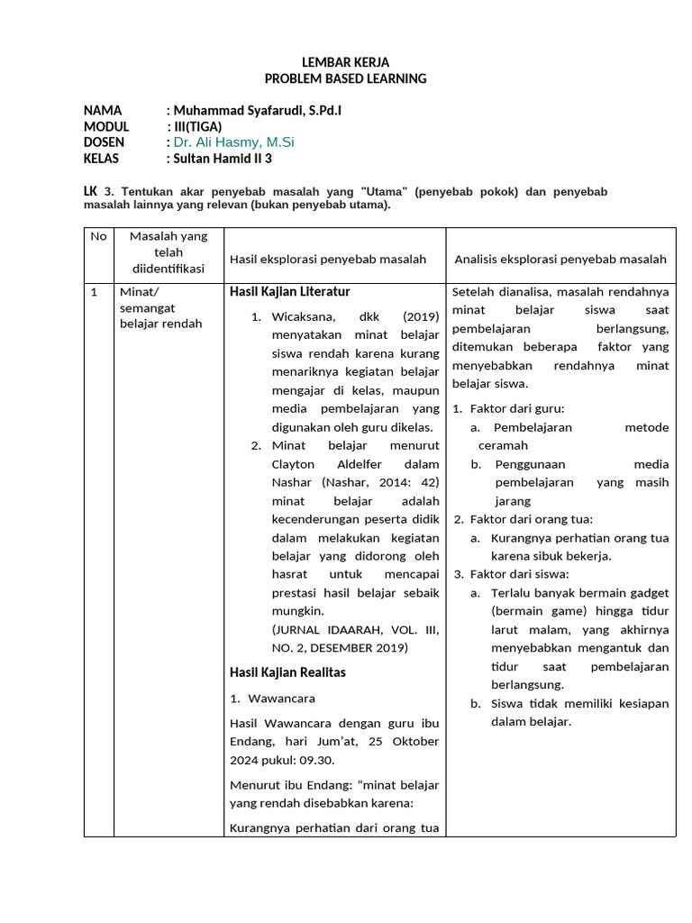 Contoh Eksplorasi Masalah PBL Tahap 2 | PDF