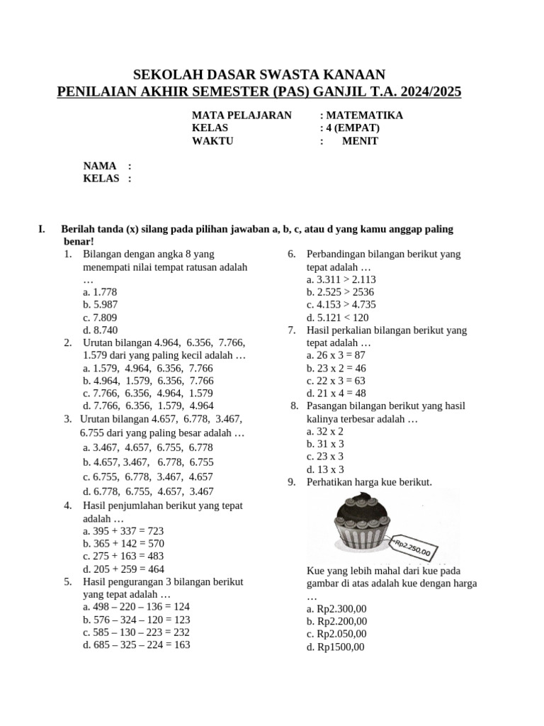 Soal Pas 1 MTK Kelas 4 2024-2025 (Revisi) | PDF