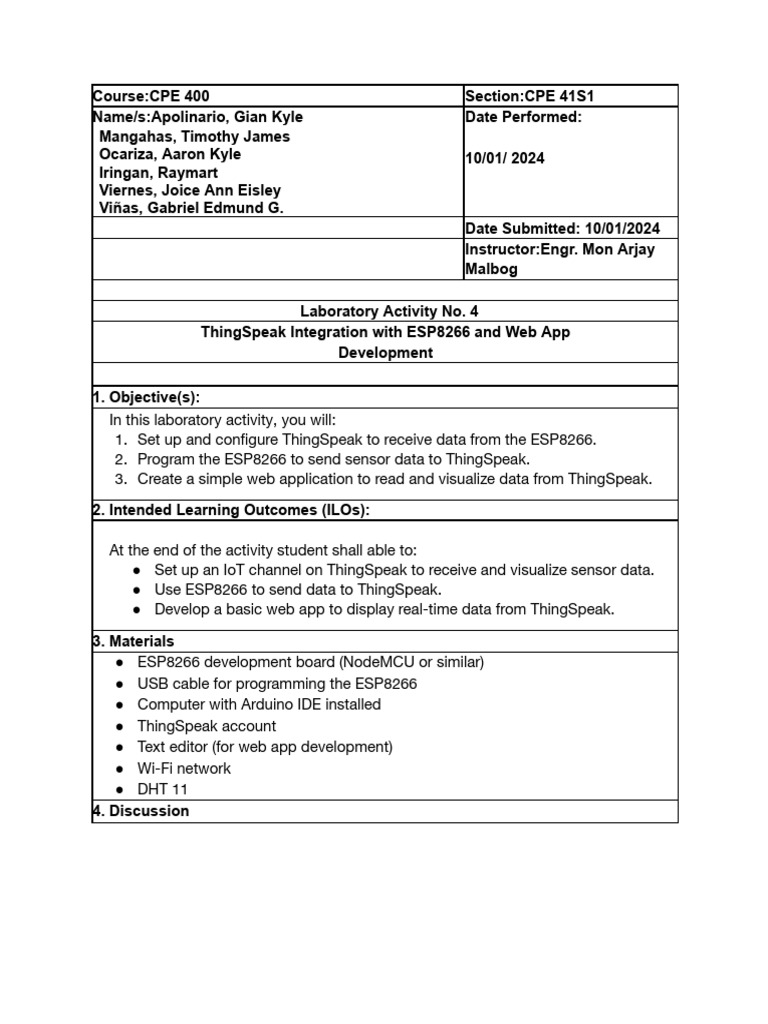 Laboratory4 Nodemcu Thingspeak Integration With Esp8266 And Web App Development Pdf World