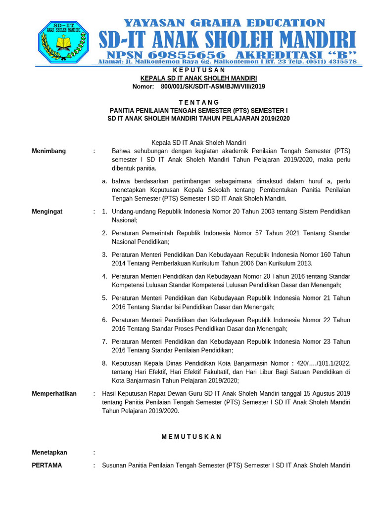 Pembentukan Panitia PTS SDIT 2019/2020 | PDF