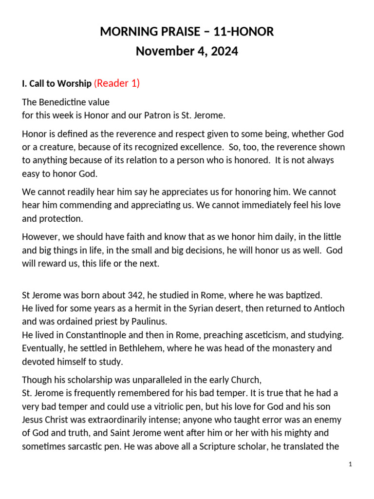 Morning Praise Script 11H '24-'25 | PDF | Lord's Prayer | Bible