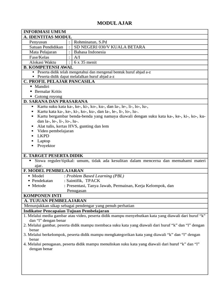 Modul Ajar Bi TP 1 Kelas 1 Tahun 2023 | PDF