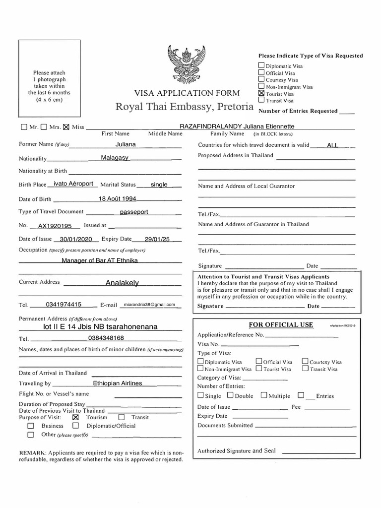 Thailand Application Form Editable Form | PDF | Travel Visa ...