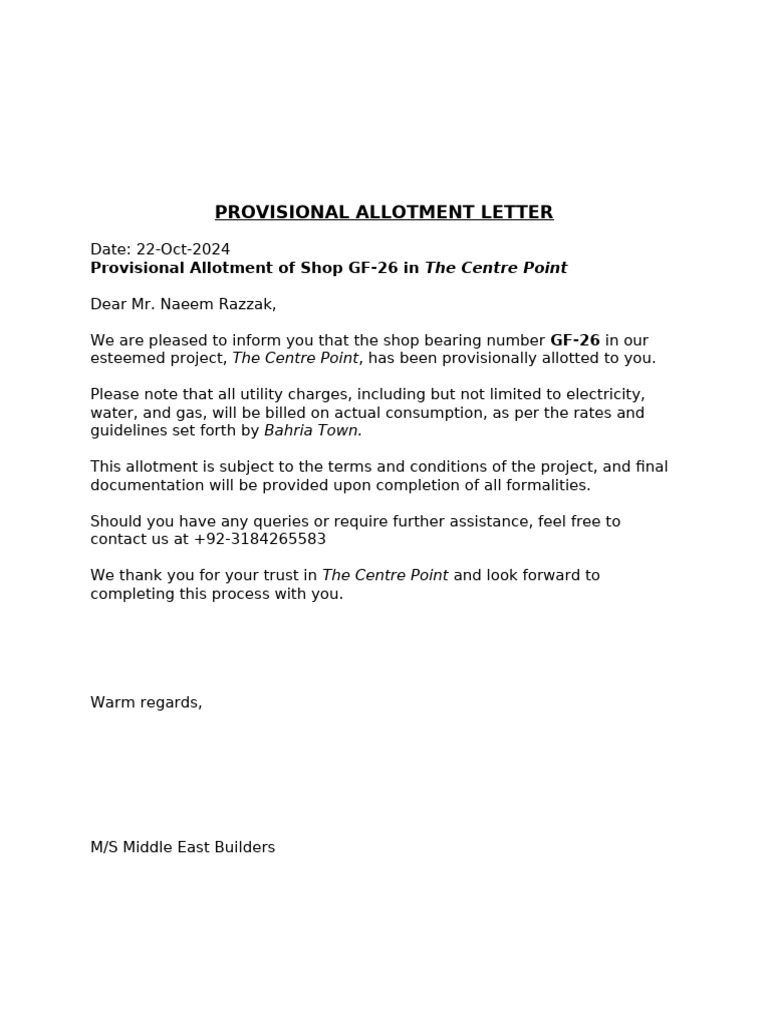 Provisional Allotment Letter | PDF