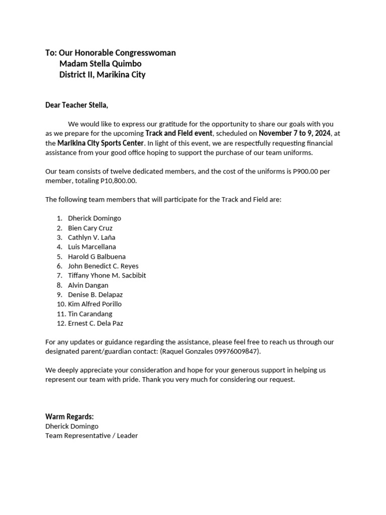 Sportswear Uniform Solicitation Letter Stella Quimbo | PDF | Sports ...