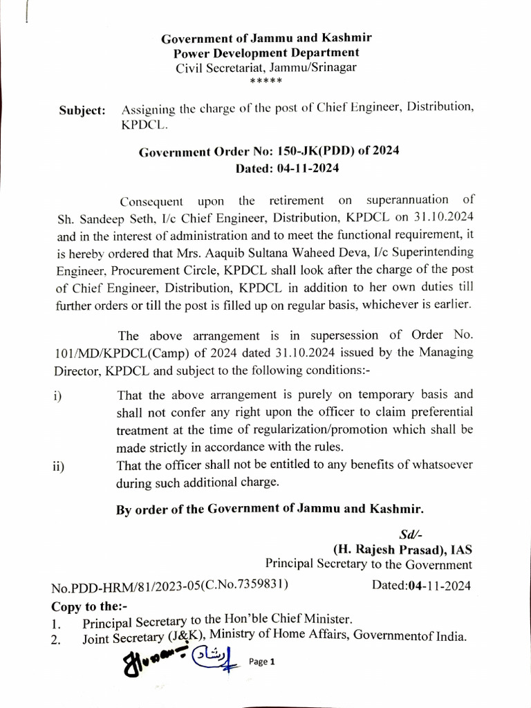 Assigning The Charge of The Post of Chief Engineer Distribution KPDCL ...