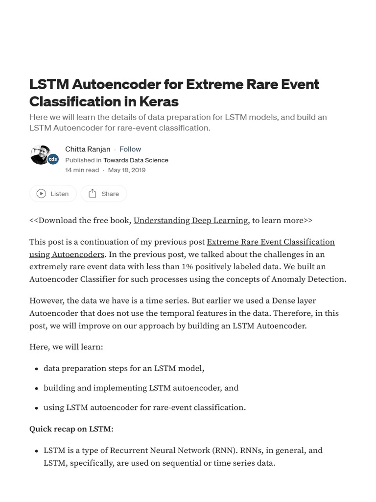 LSTM Autoencoder For Extreme Rare Event Classification in Keras - by Chitta Ranjan - Towards ...