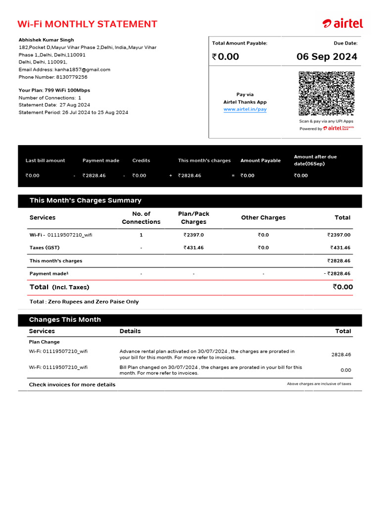 Airtel Wi-Fi Monthly Statement Summary | PDF | Cheque | Accounts Payable