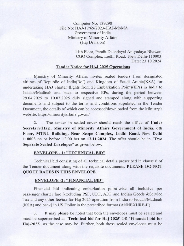 Tender Notice For Haj 2025 Operations | PDF