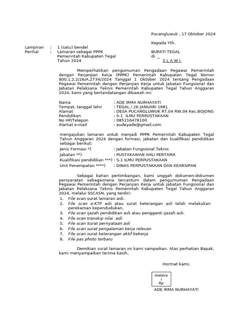 Contoh Surat Lamaran PPPK Teknis | PDF