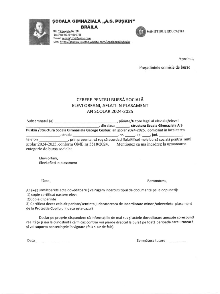 Cerere Bursa Sociala Orfani Si Aflati in Plasament | PDF