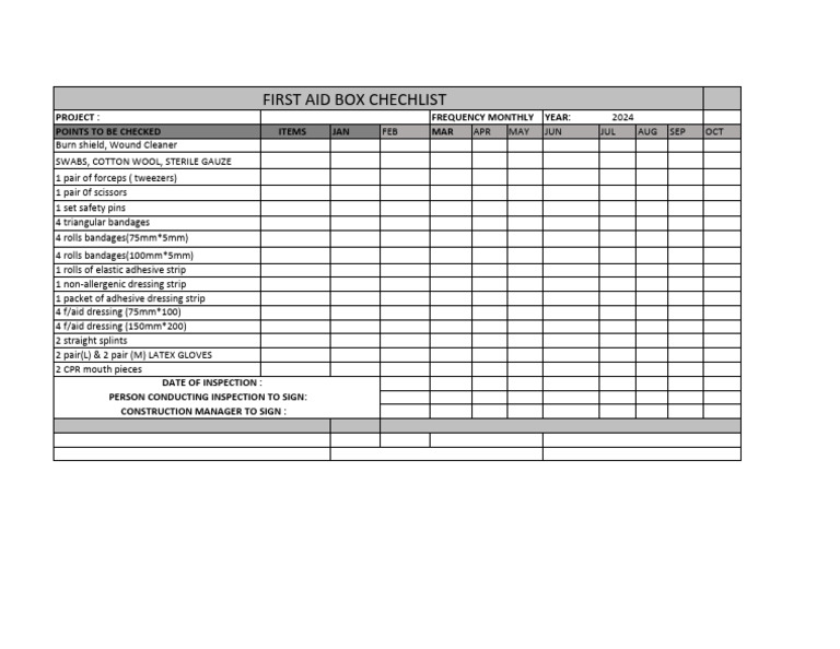 Monthly First Aid Box Checklist 2024 | PDF