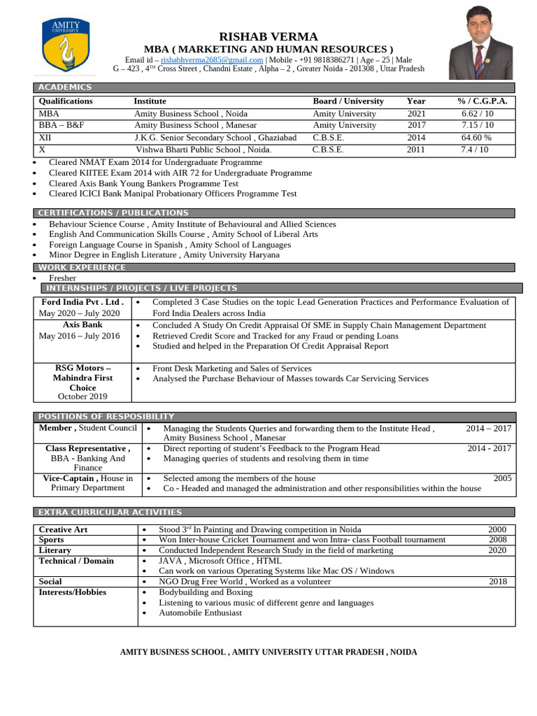 Resume Template-Amity - MBA | PDF | Business