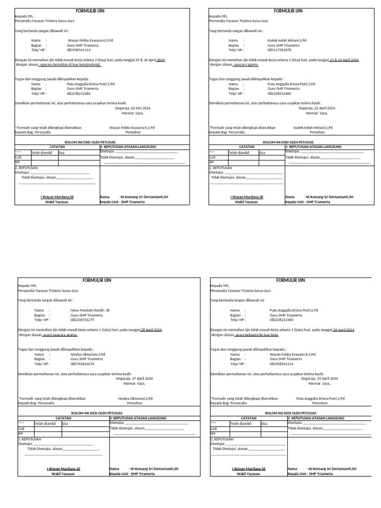 Formulir Ijin Tidak Masuk Kerja | PDF