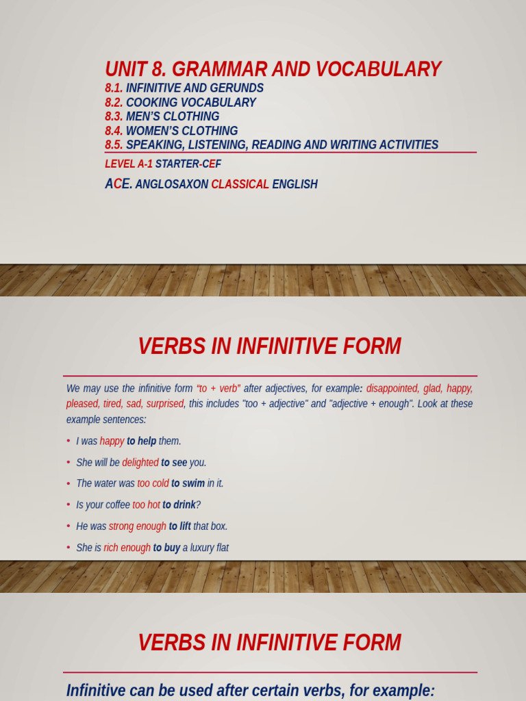 Unit 8. Grammar and Vocabulary Inf-Ger | PDF | English Language | Verb