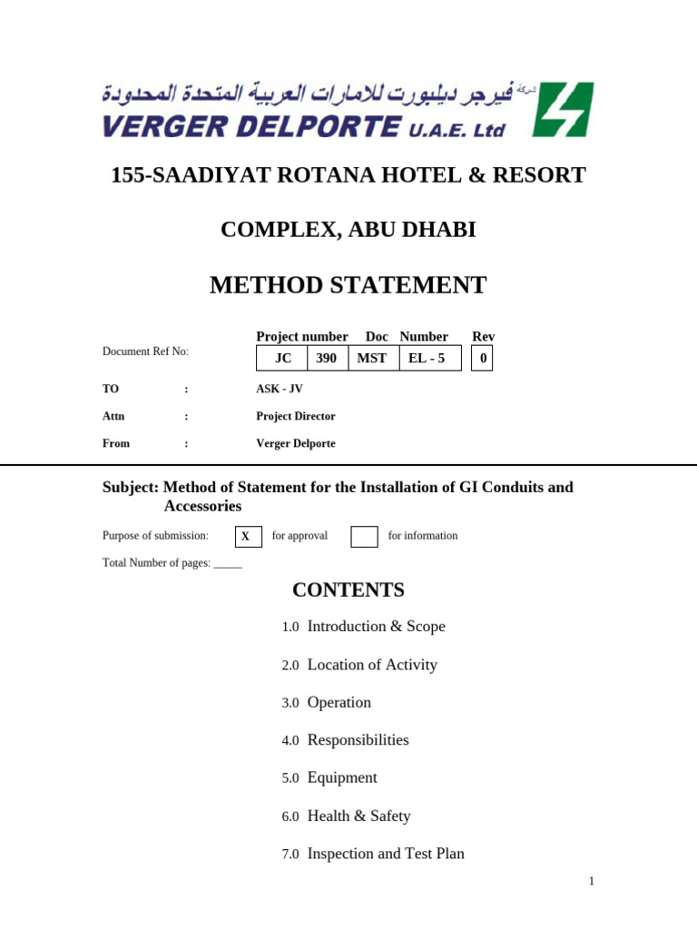 GI Conduit Installation Method Statement | PDF | Technology & Engineering