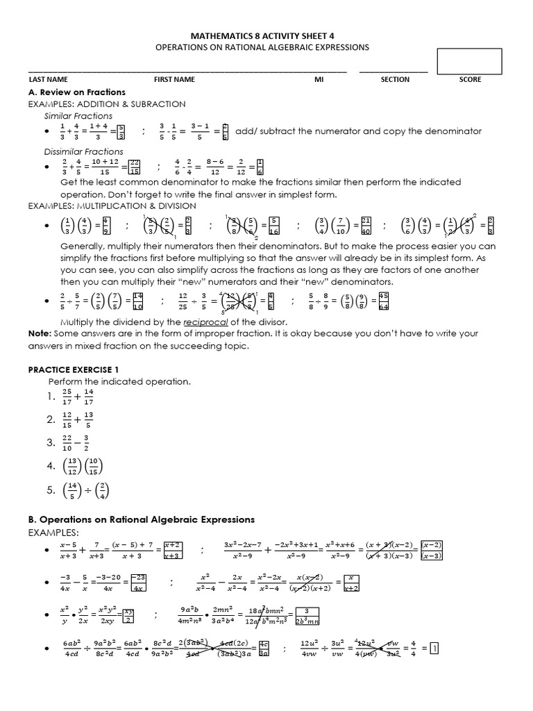 Activity Sheet 4 (Operations On Rational Algebraic Expressions) | PDF ...