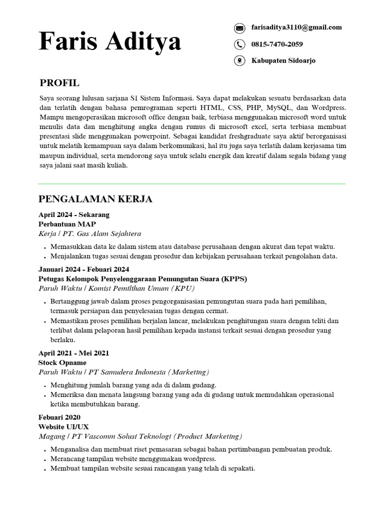 CV - Faris Aditya | PDF | Karier & Perkembangan