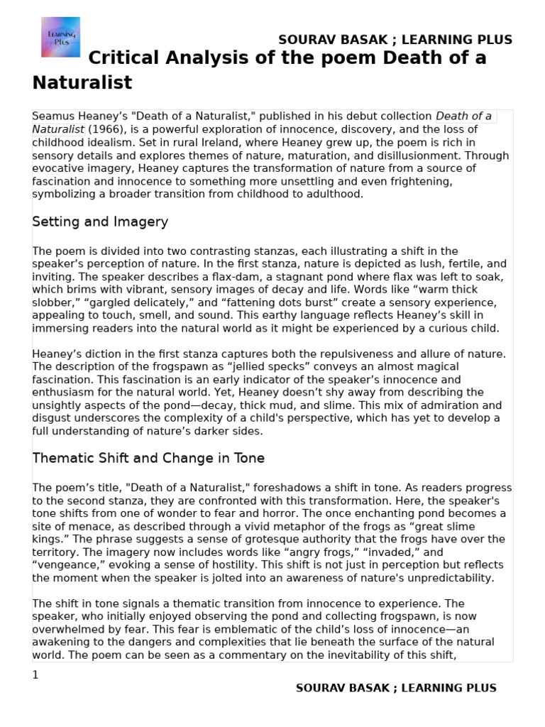Analysis of Heaney's Death of a Naturalist | PDF
