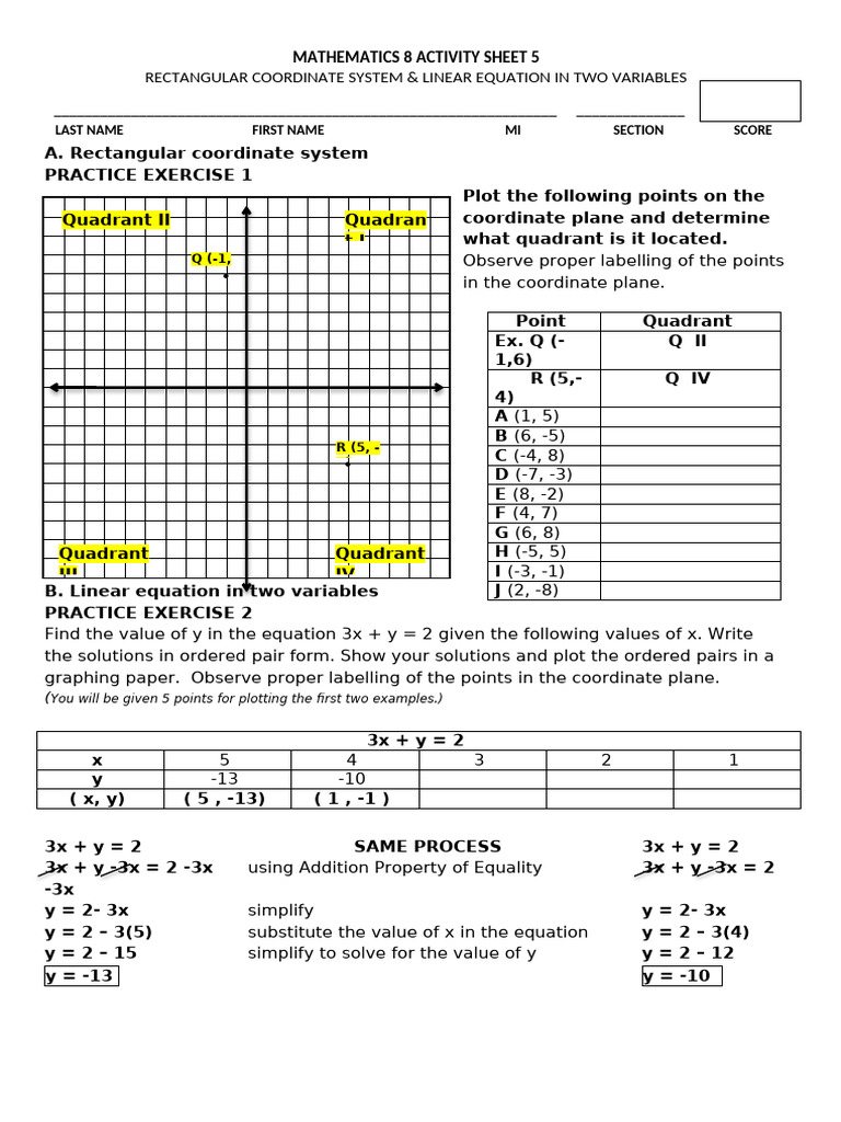 Activity Sheet 5 (Rectangular Coordinate System-Linear Equations in Two ...