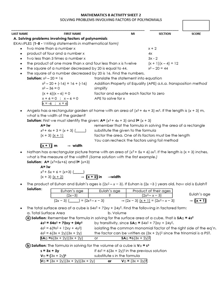 Activity Sheet 2 (Solving Problems Involving Factors of Polynomials ...