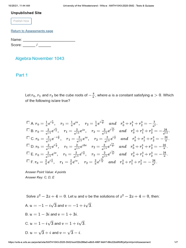 Algebra Test Questions and Answers | PDF | Equations | Elementary ...
