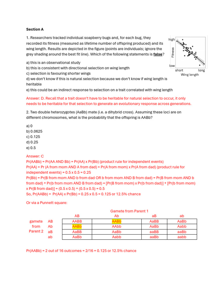 BIO1130-2024-Midterm1 With Solutions | PDF | Natural Selection | Zygosity
