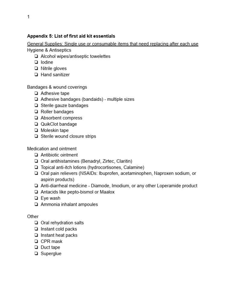 Appendix 5 - List of First Aid Kit Essentials | PDF