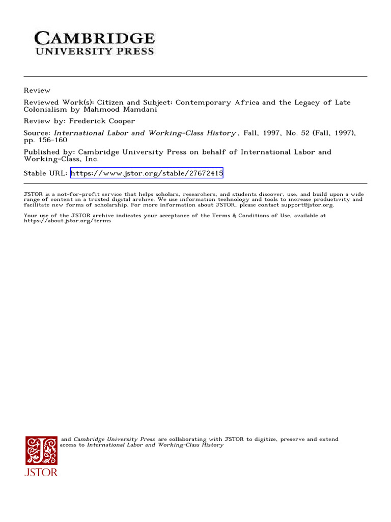 Mahmood Mamdani Citizen and Subject Contemporary Africa and The Legacy ...