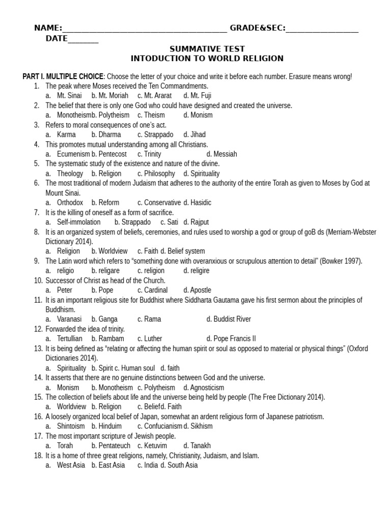 World Religion Summative Test Guide | PDF | Theism | God