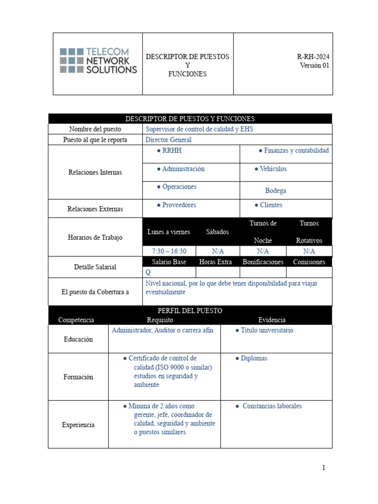 Descriptor de Puestos Control de Calidad y EHS | PDF | Calidad (comercial) | Business