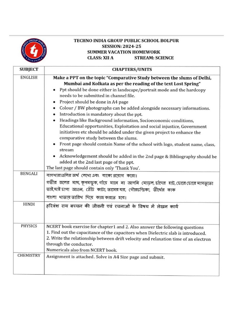 Std. XII Science - Summer Vacation Homework | PDF