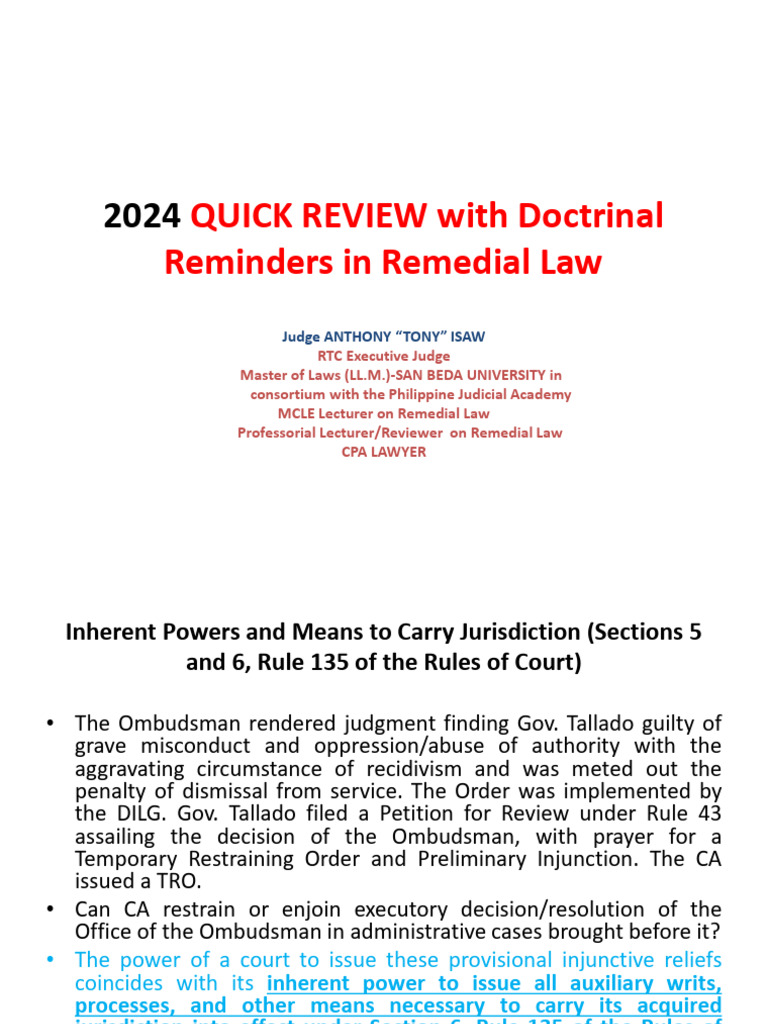 2024 Bar Quick Review With Doctrinal Reminders | PDF | Damages | Acquittal