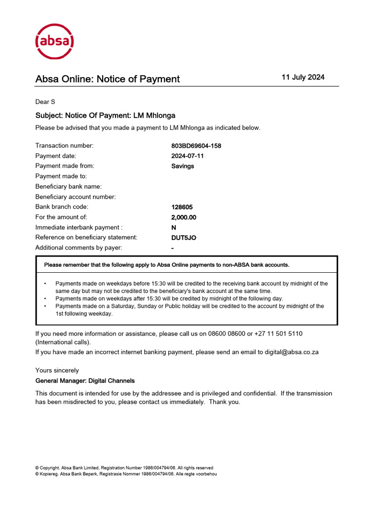 Absa Online Payment Confirmation Notice | PDF
