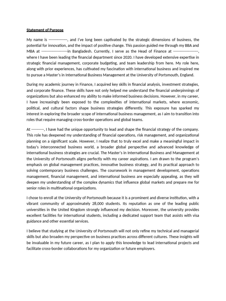 SOP - Business Management at The University of Portsmouth, England ...