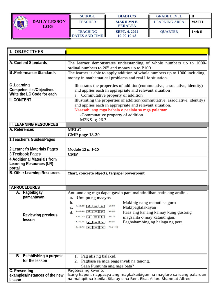 DLL 1st COT Q1 WK 6 Math-Peralta | PDF | Mathematics | Elementary Mathematics