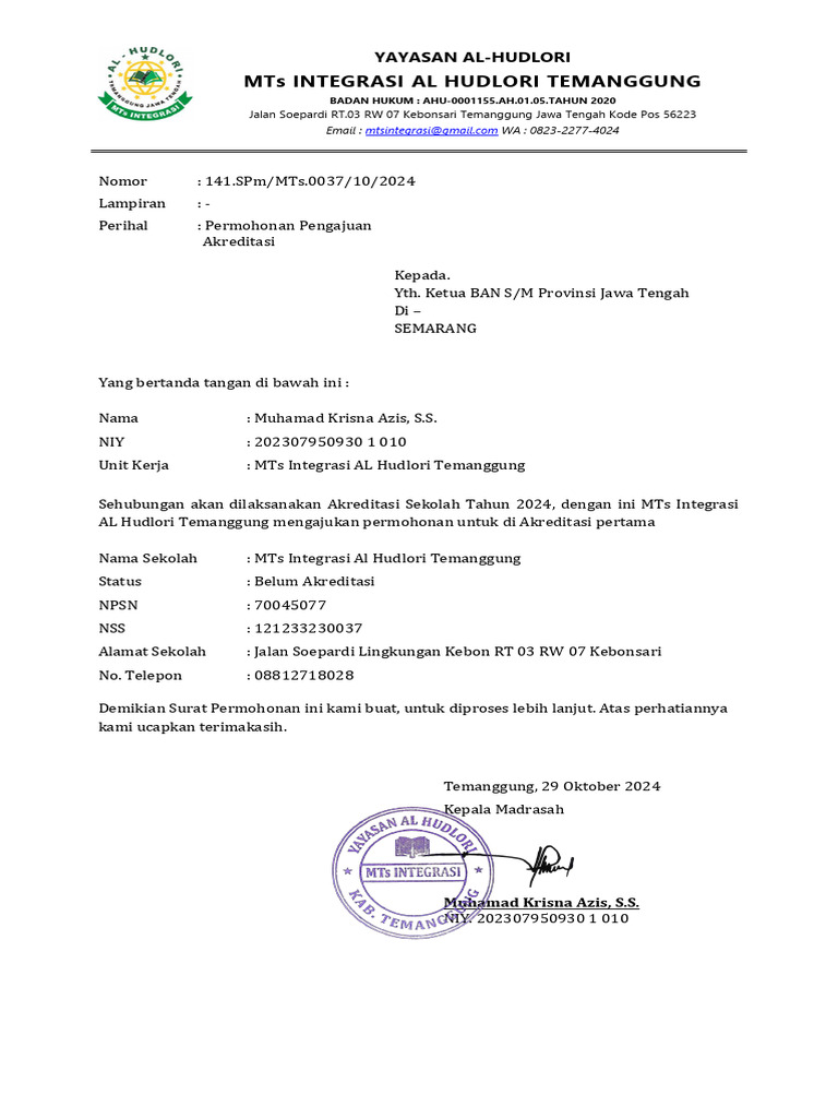 Surat Ajuan Formal Akreditasi Mts Integrasi Al Hudlori Tahun 2024 | PDF