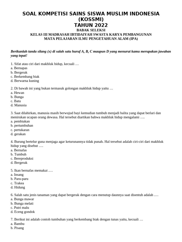 Soal Kompetisi Sains Siswa Muslim Indonesia (Kossmi) Ipa | PDF | Dewasa Muda
